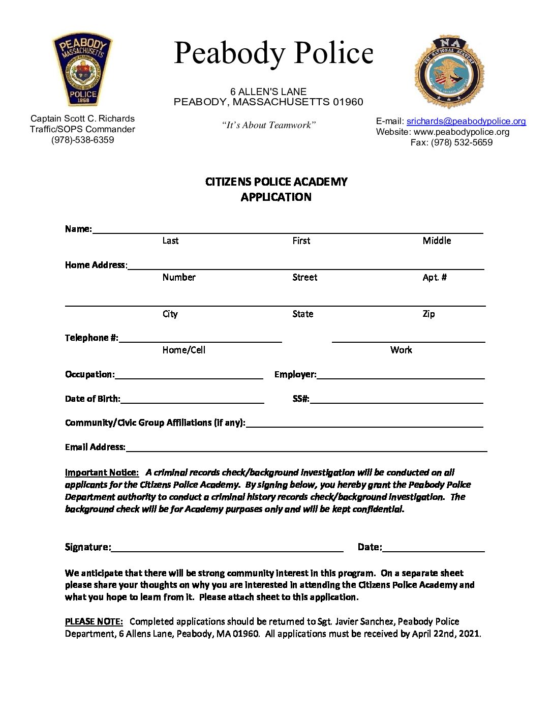 Peabody Police Citizens Academy Application - Peabody Police Department