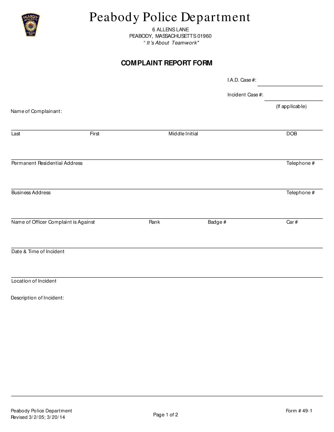 Complaint Form - Peabody Police Department